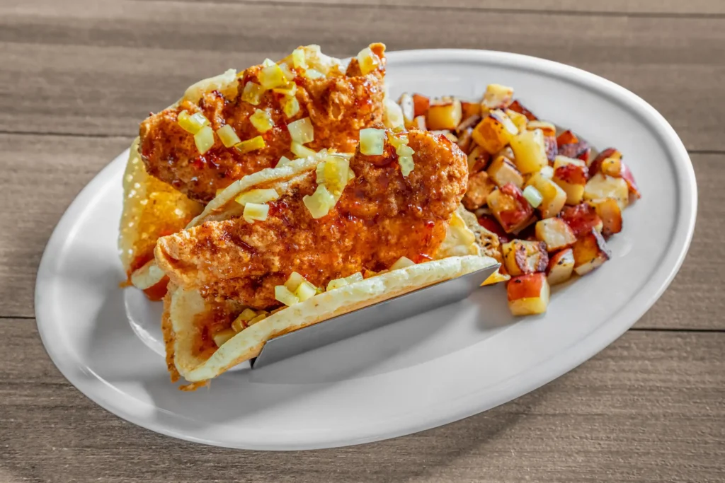 Chicken N' Pancake Tacos - Red, White & Booze